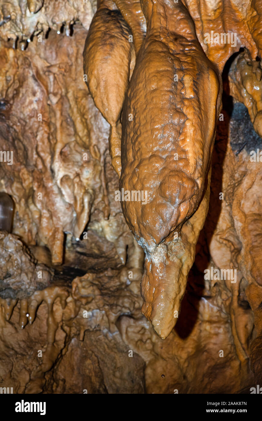 Large stalactites in limestone caves visited by speleologists Stock ...