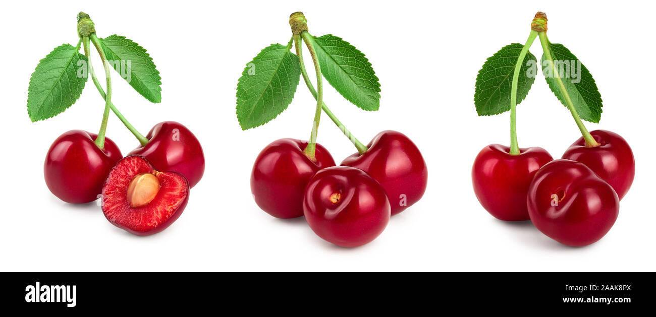 Set of cherries with leaf closeup isolated on white background Stock ...