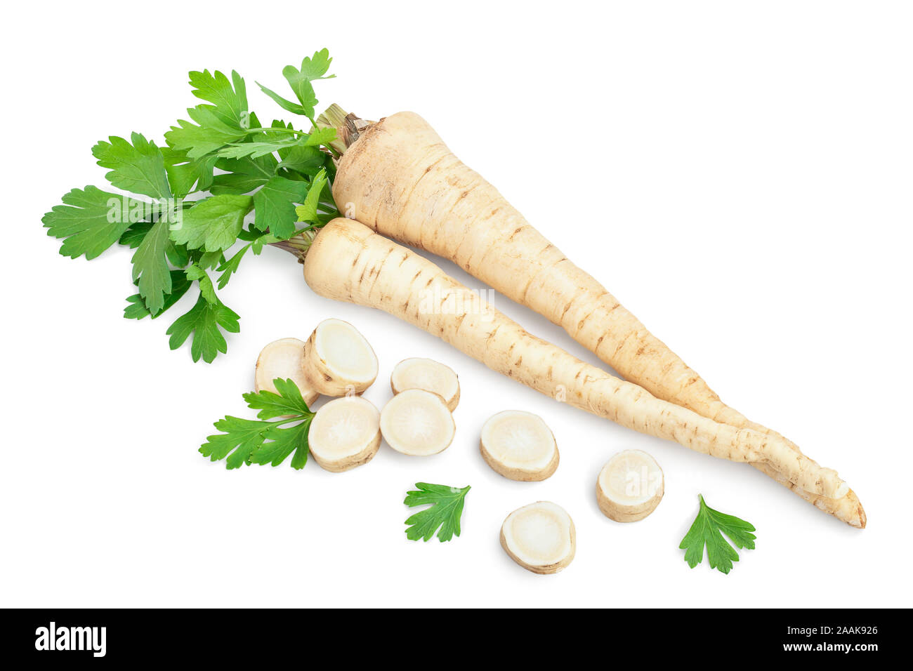 Parsley root with slices and leaves isolated on white background Stock ...