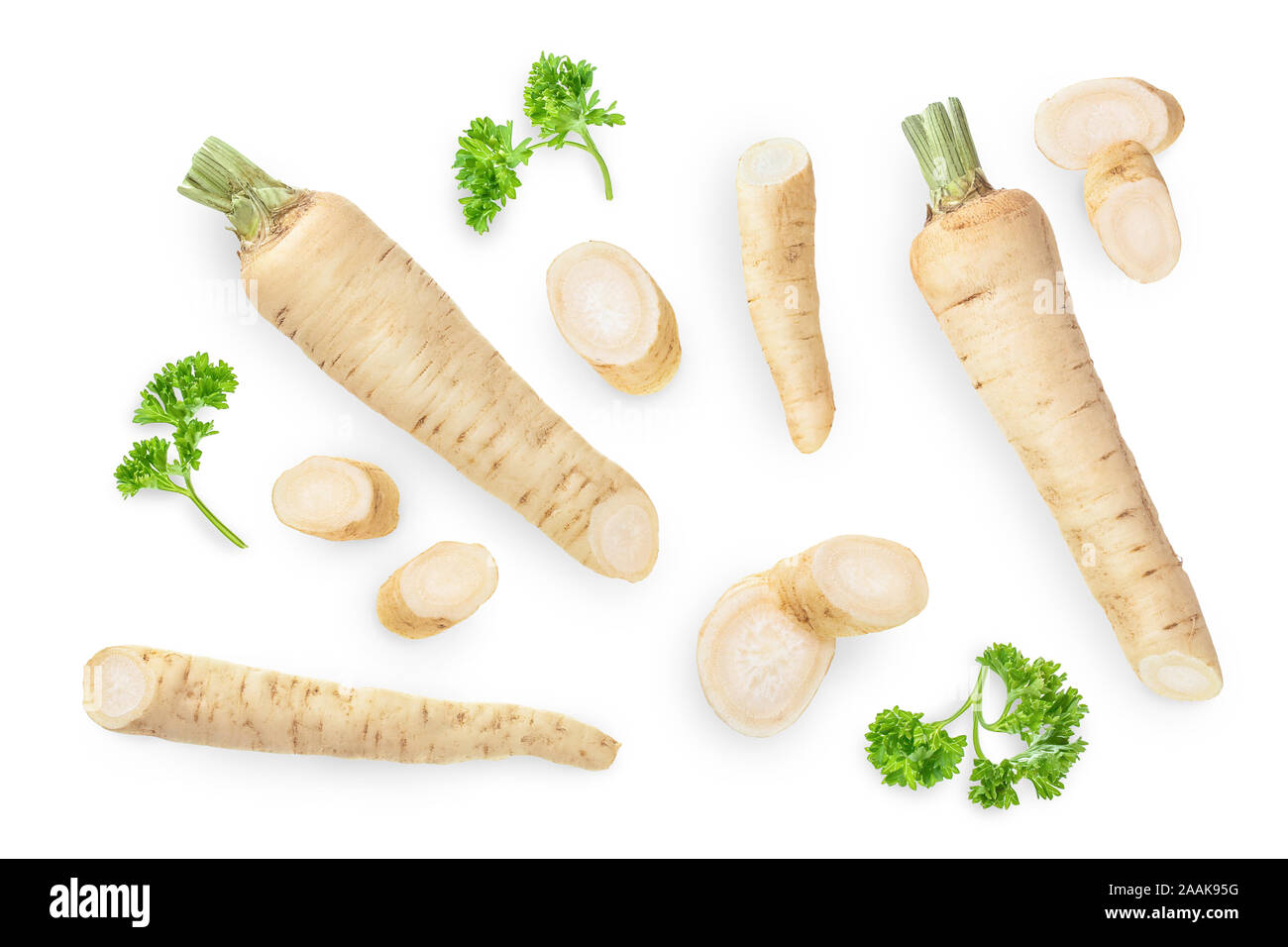Parsley root with slices and leaves isolated on white background, Top ...