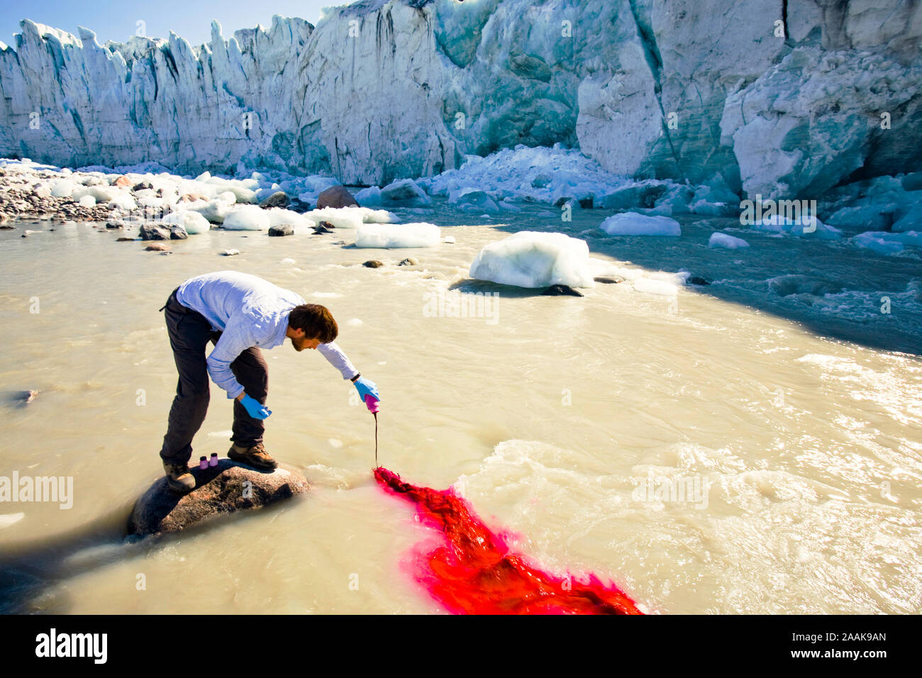 PHD scientist Ian Bartholomew using dye tracing techniques as part of a ...