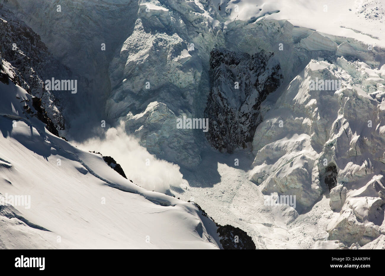 A summer avalanche caused by serac collapse off a melting glacier on ...