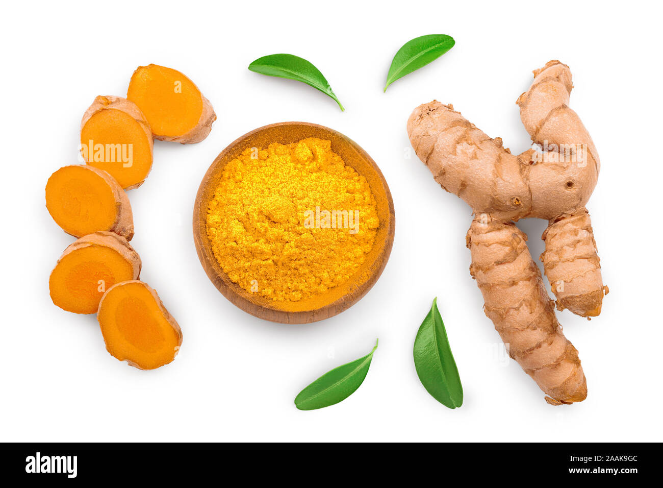 Turmeric powder and turmeric root isolated on white background. Top ...
