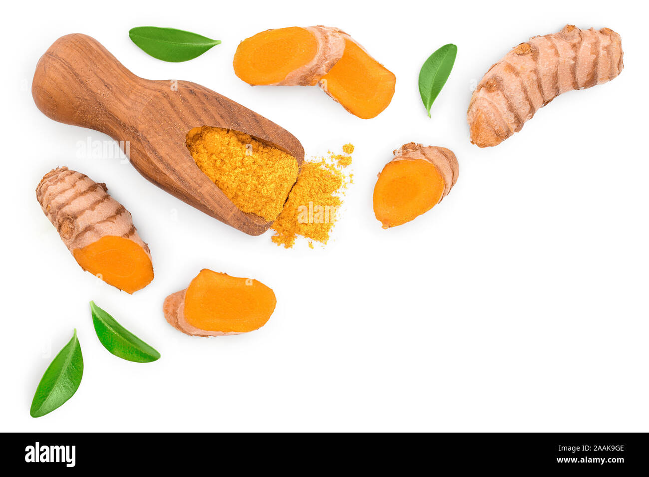 Turmeric powder and turmeric root isolated on white background with ...