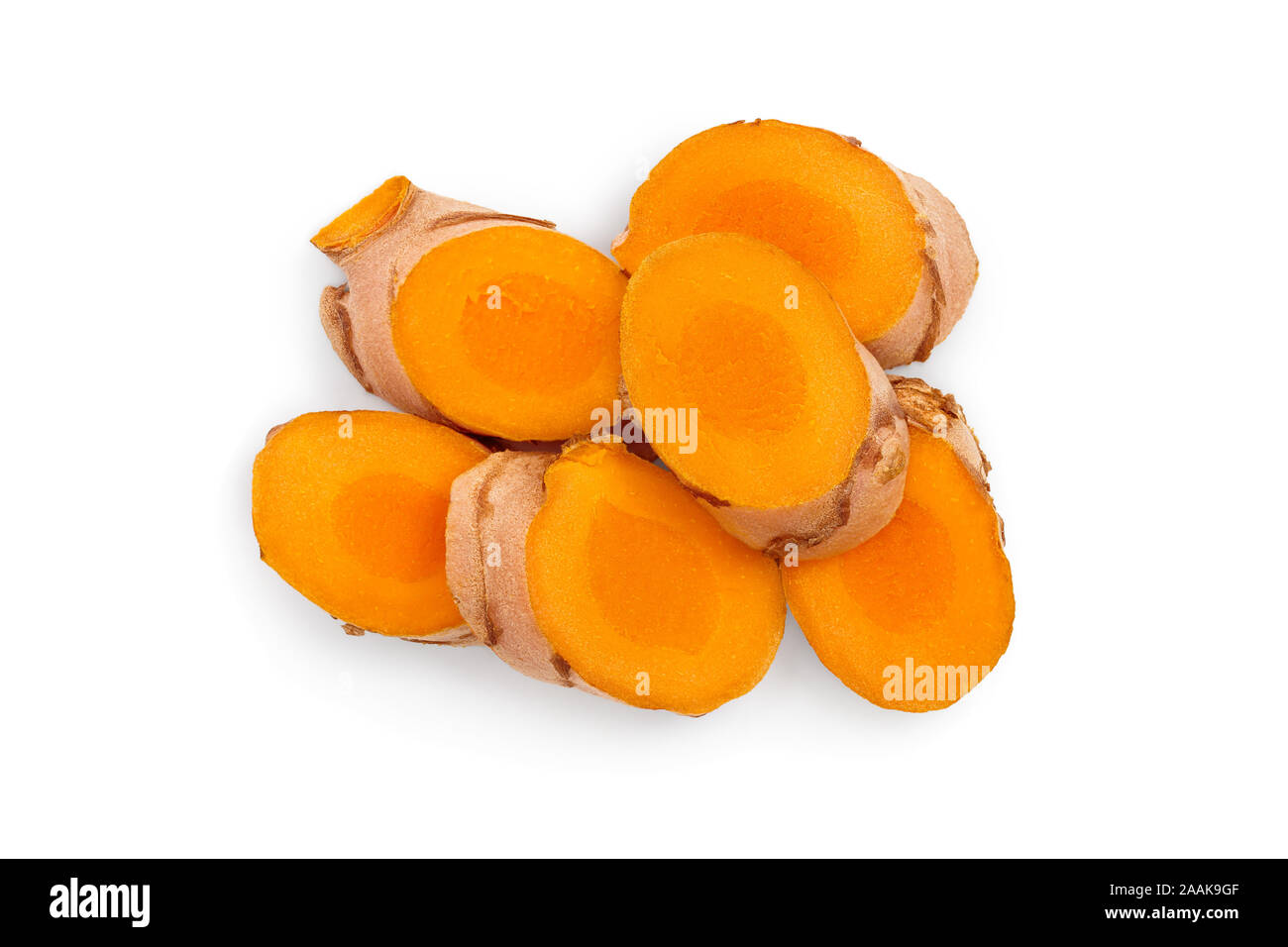 turmeric root slices isolated on white background. Top view. Flat lay ...