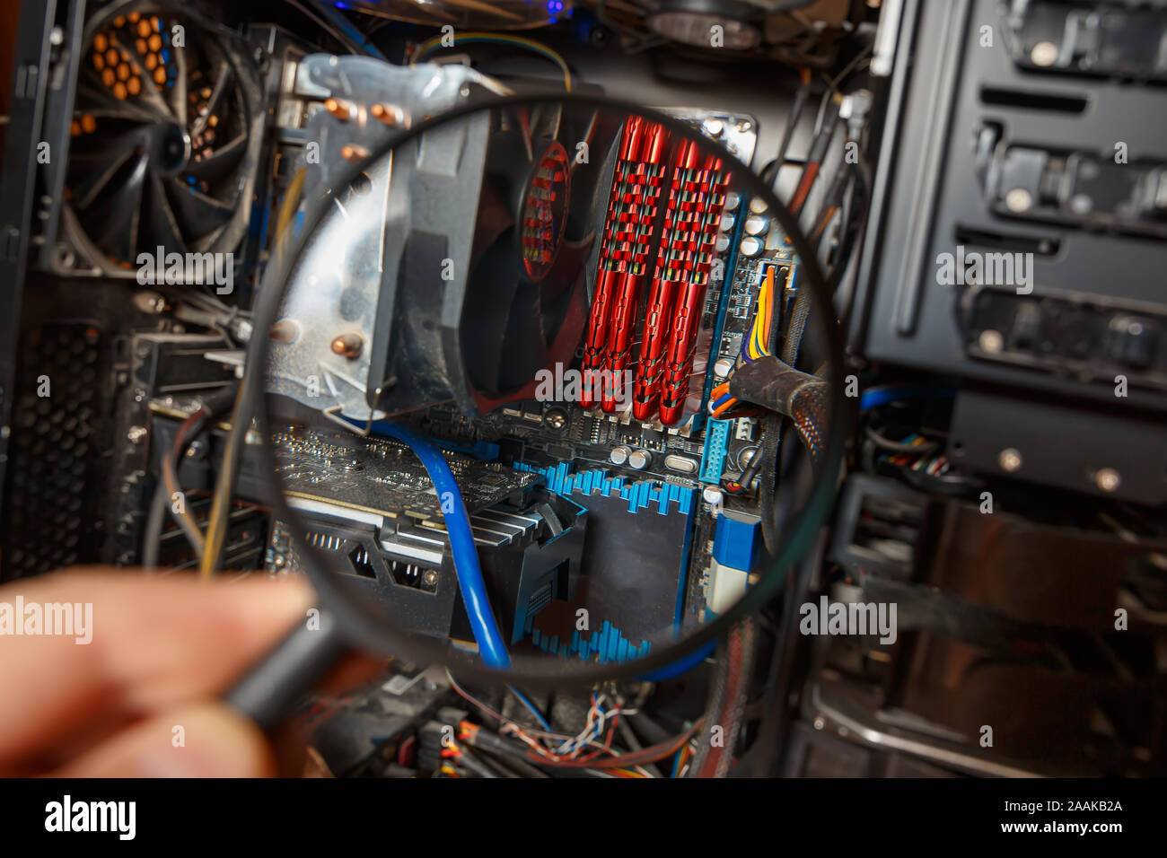 Computer repair concept. Diagnostics of components of an old computer ...