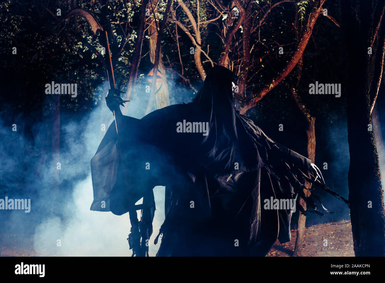 Grim Reaper standing in the fog at night with his scythe Stock Photo ...
