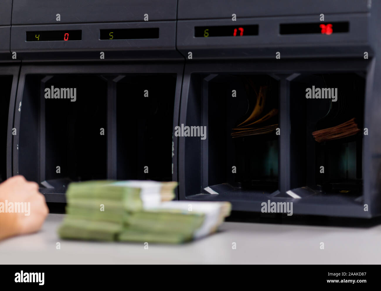 Euro € banknotes stacked and binded together with currency bands in ...