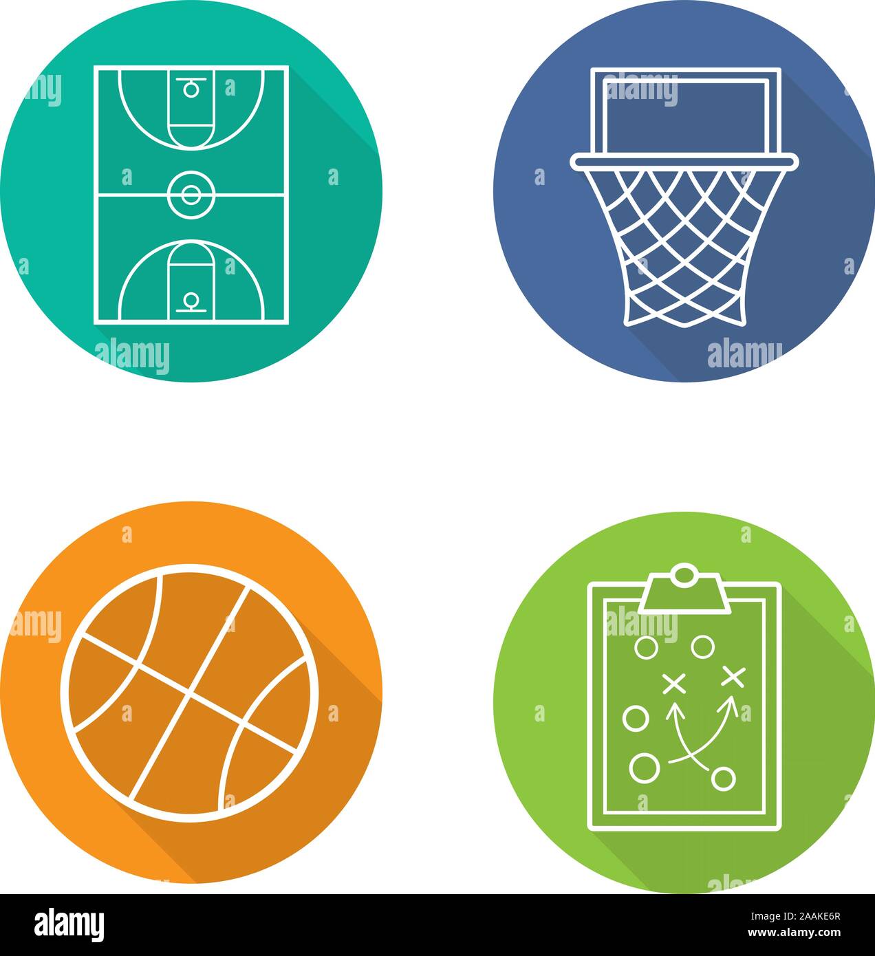 Basketball flat linear long shadow icons set. Basketball field, ball ...