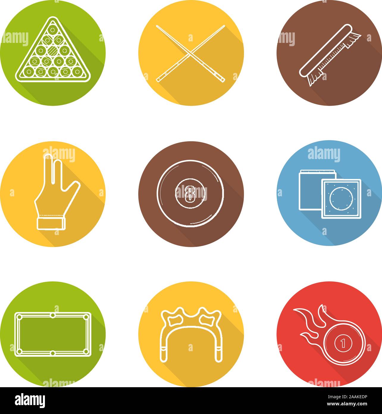 Billiard flat linear long shadow icons set. Billiard ball rack, cues ...