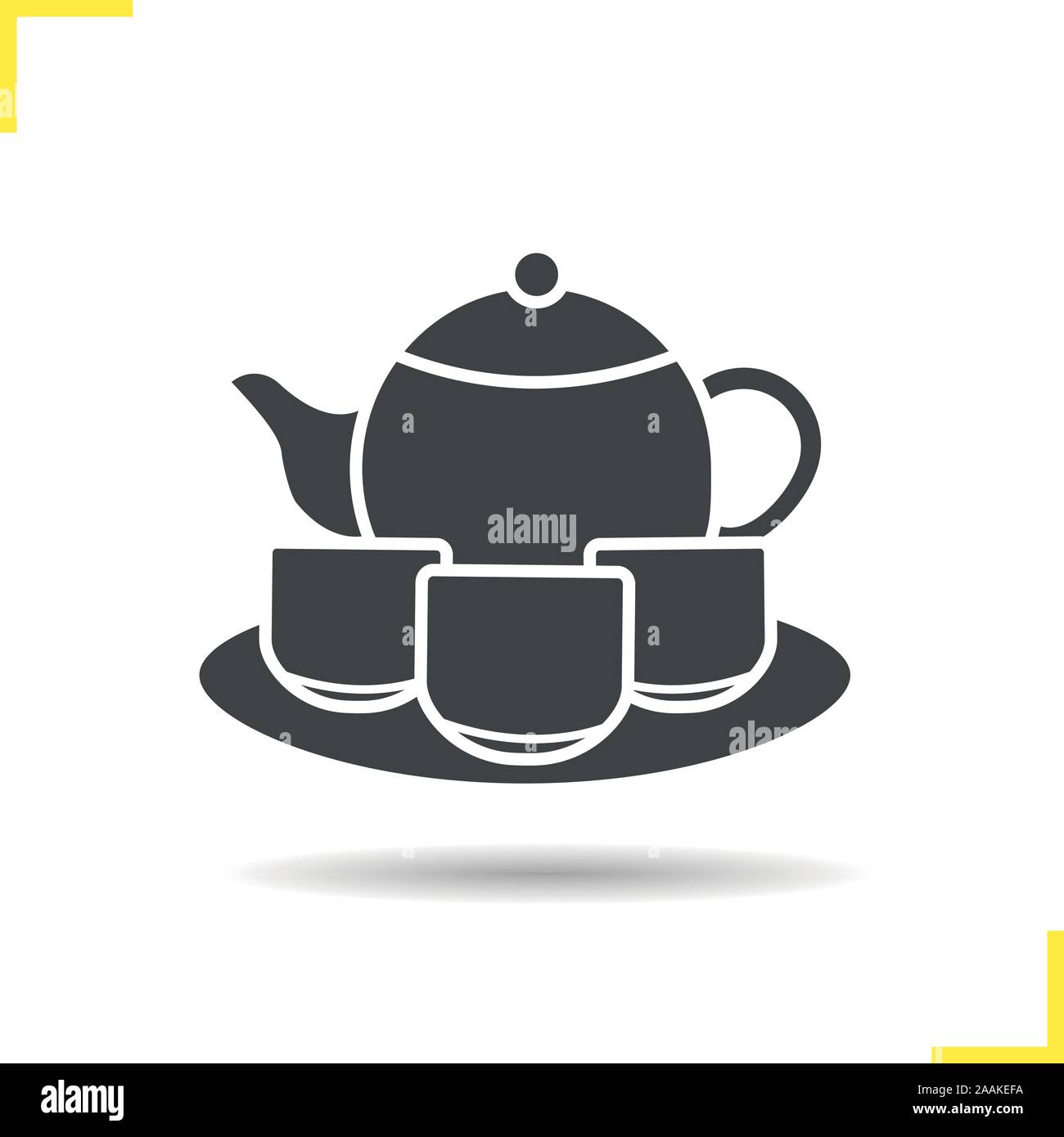 Tea set icon. Drop shadow tea ceremony silhouette symbol. Teapot, cups ...