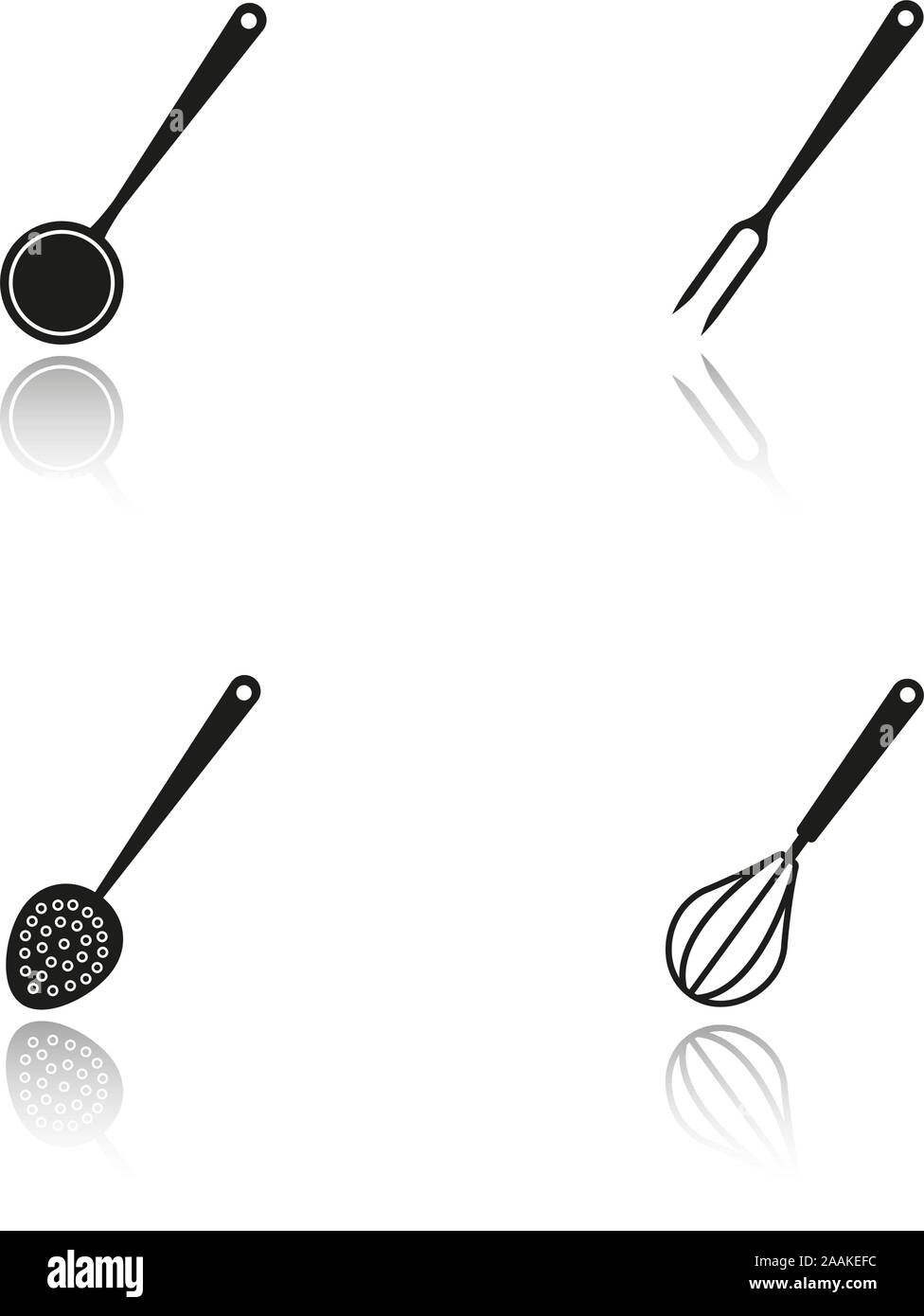 Kitchenware drop shadow black icons set. Ladle, carving fork, skimmer ...