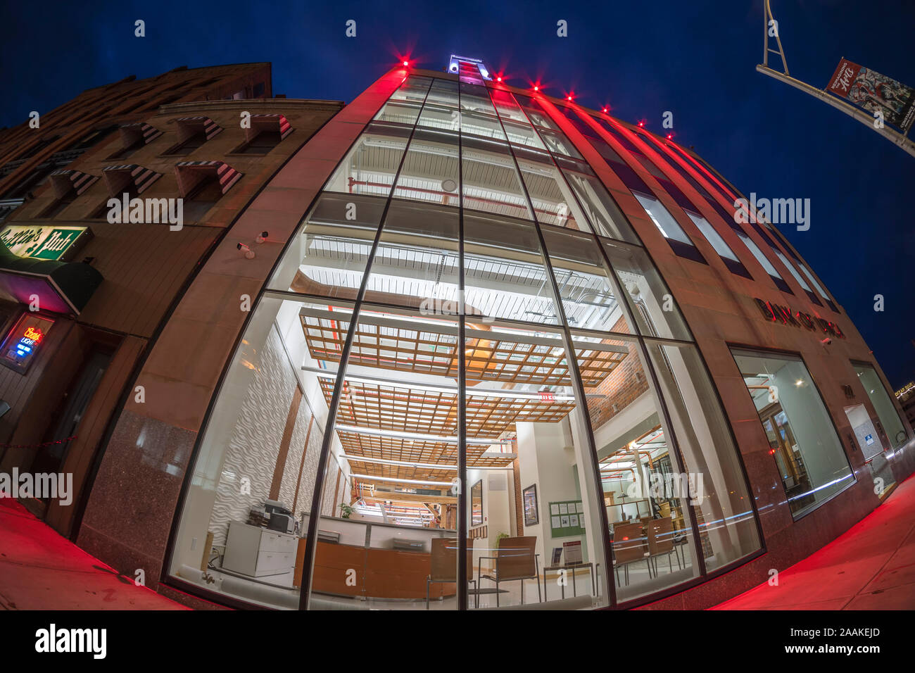 Utica, New York - Nov 11, 2019: Fisheye Night View of the building of ...