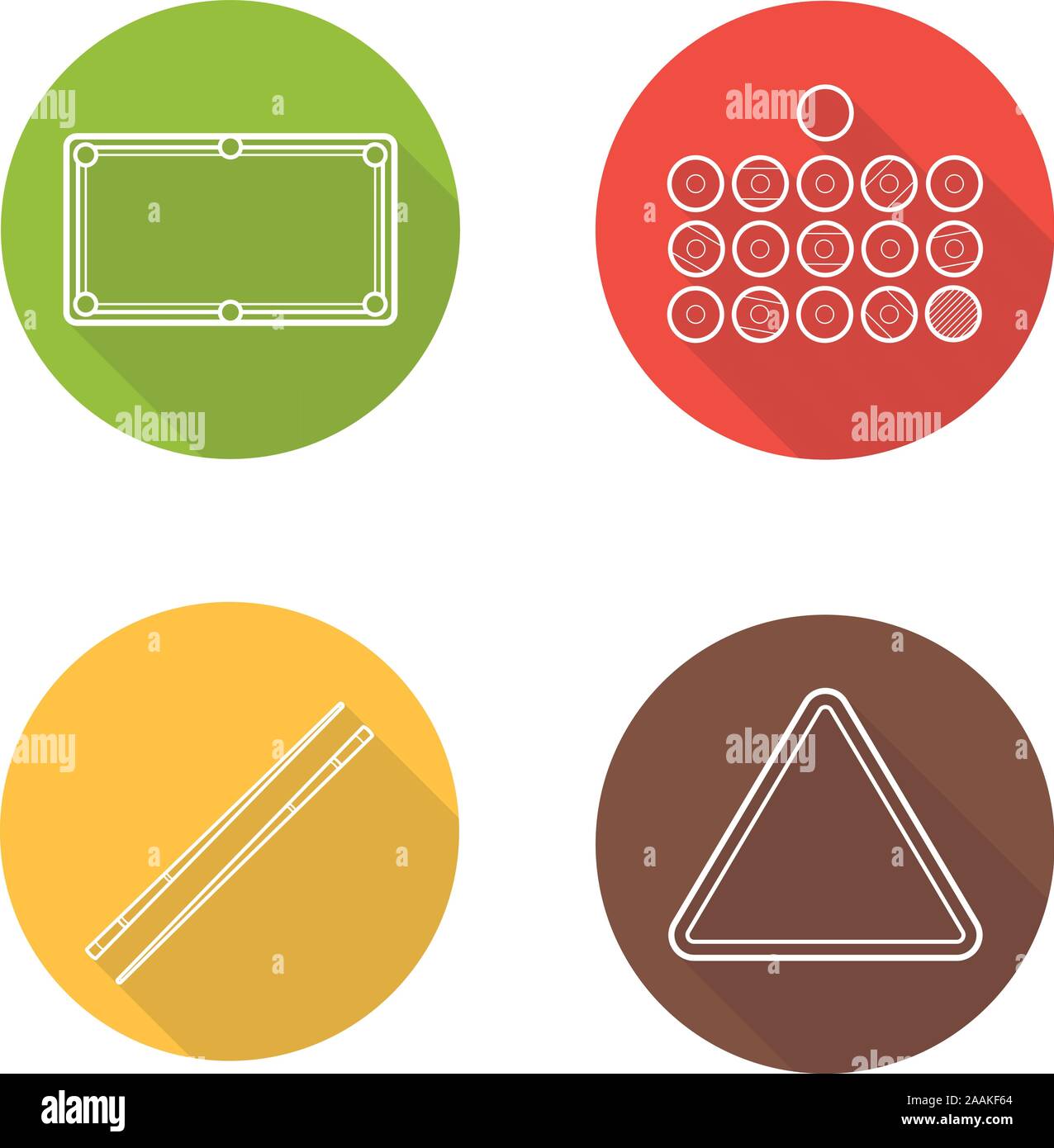 Billiard flat linear long shadow icons set. Billiard balls, table, cues ...