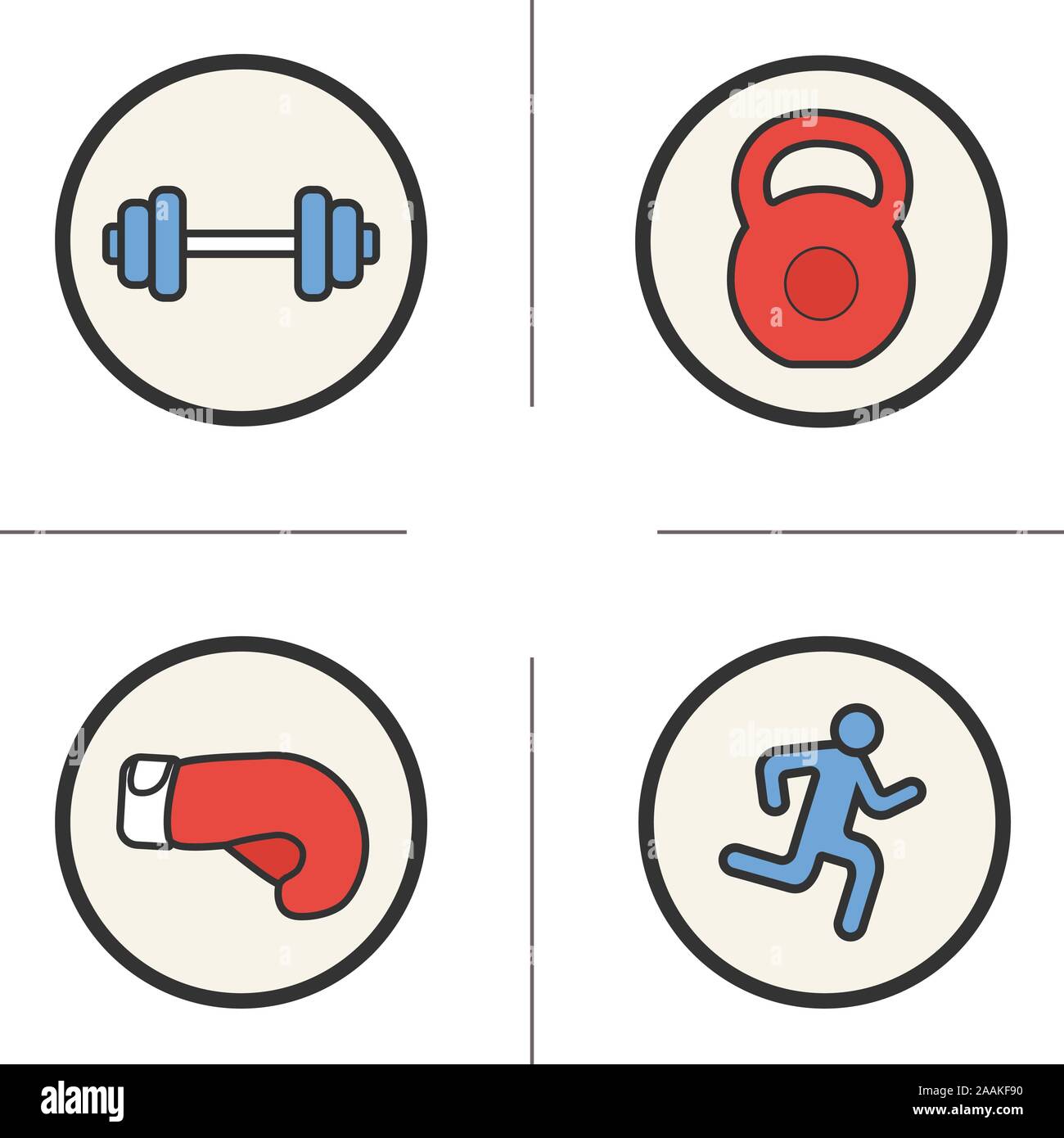 Sport color icons set. Gym barbell and kettlebell, running man and ...