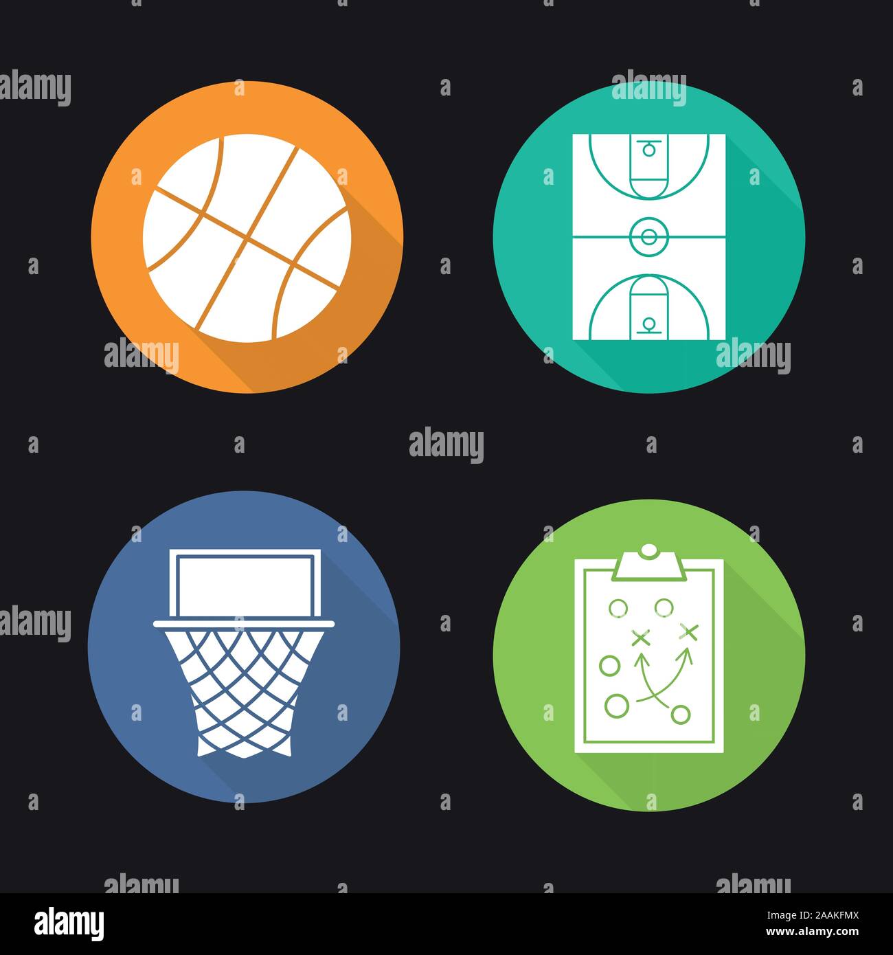 Basketball flat design long shadow icons set. Basketball hoop, field ...