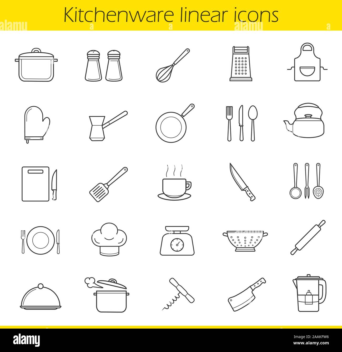 Kitchenware linear icons set. Kitchen tools and appliances thin line ...