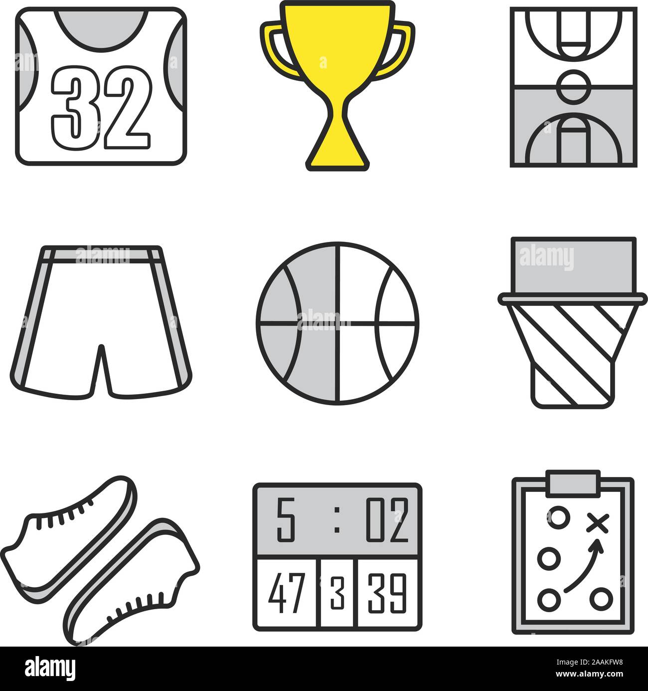 Basketball linear icons set. Basketball uniform, ball, scoreboard ...