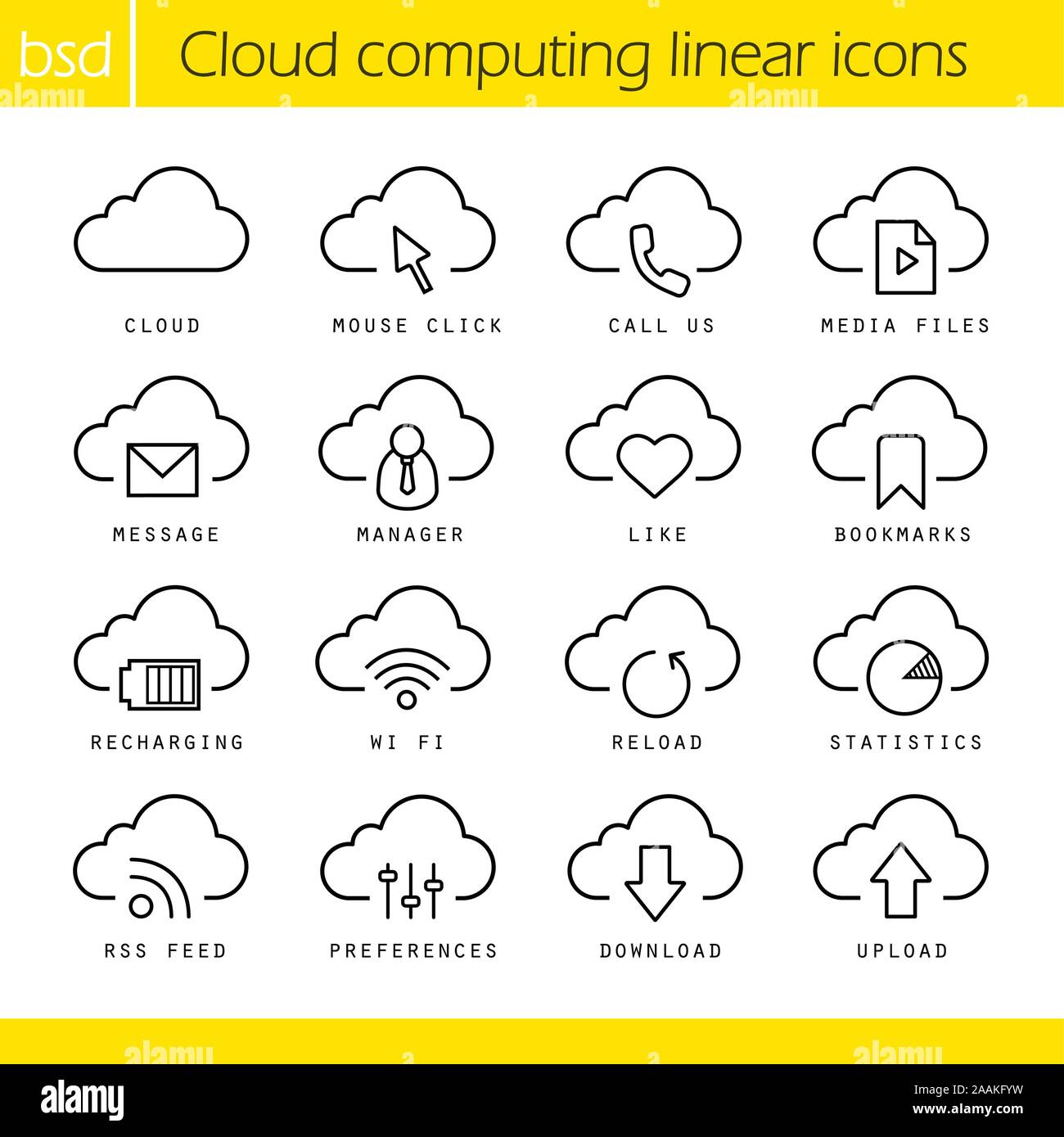 Cloud computing linear icons set. Mouse click, bookmarks and statistics ...