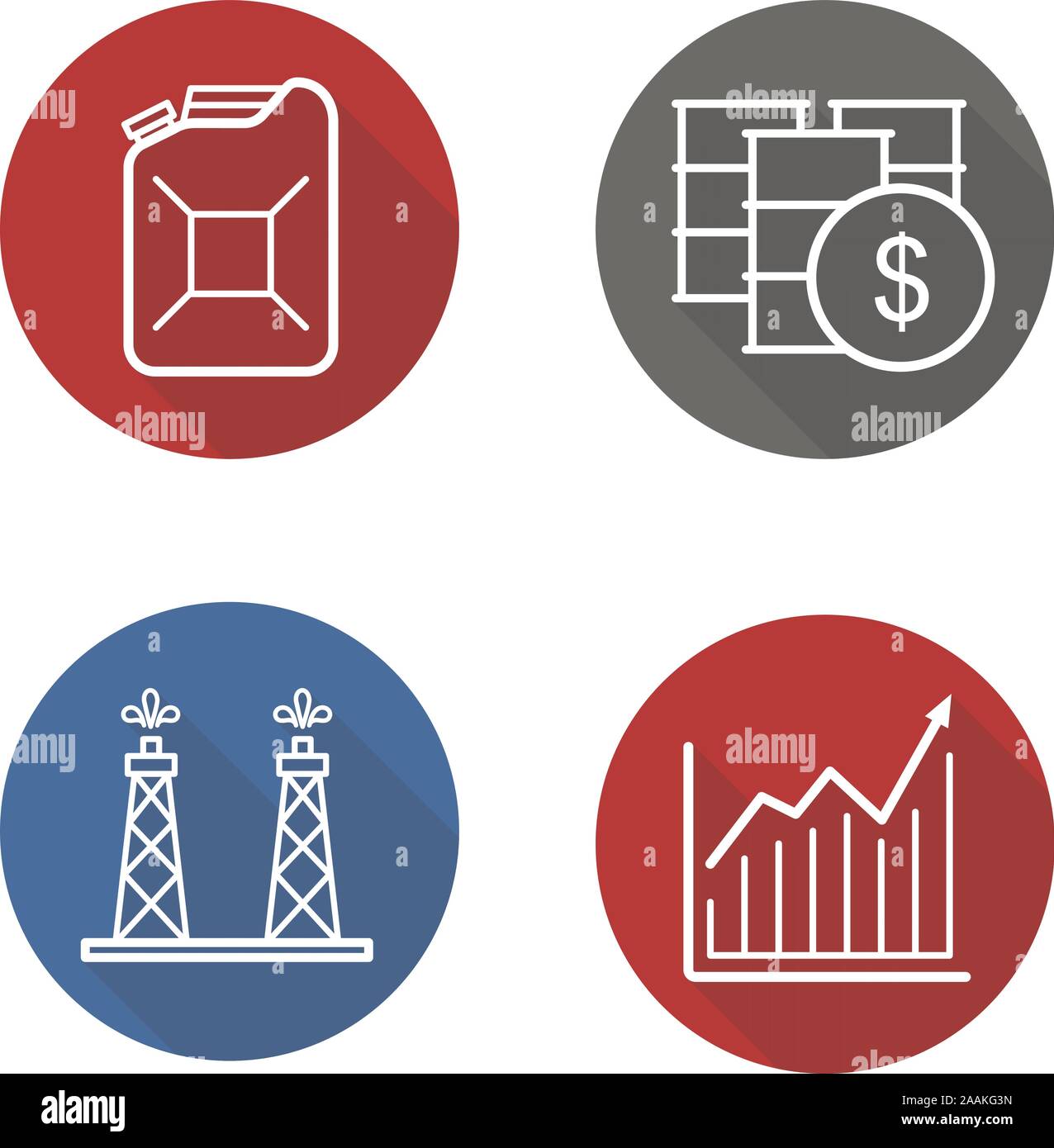 Oil industry flat linear long shadow icons set. Oil rig and barrels ...