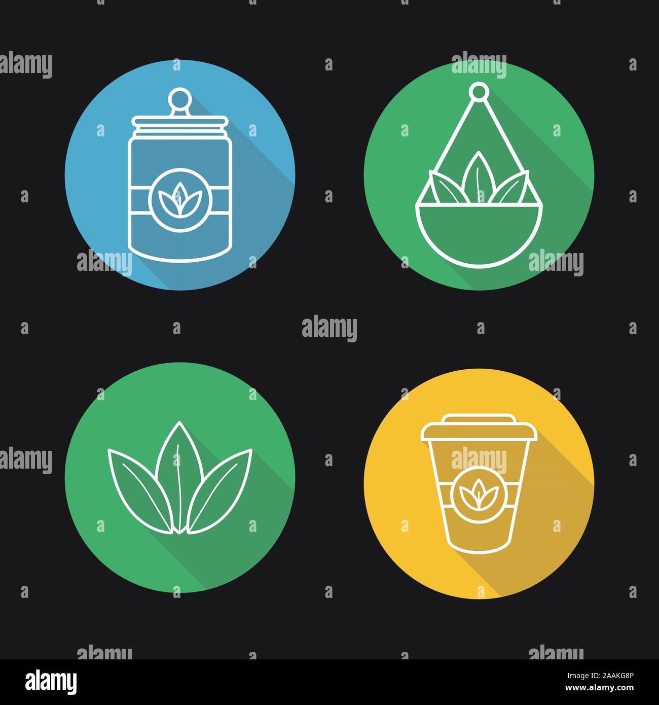 Tea shop linear icons set. Tea container, loose tea leaves in jar and ...