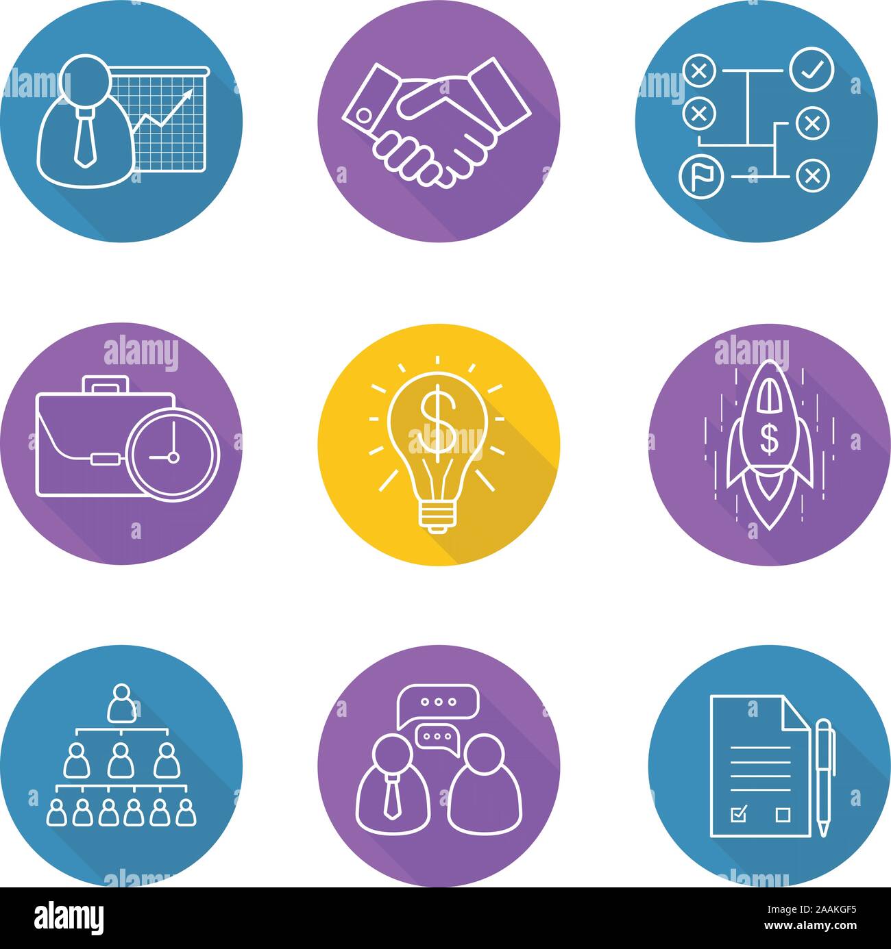 Business flat linear long shadow icons set. Teamwork, company hierarchy ...