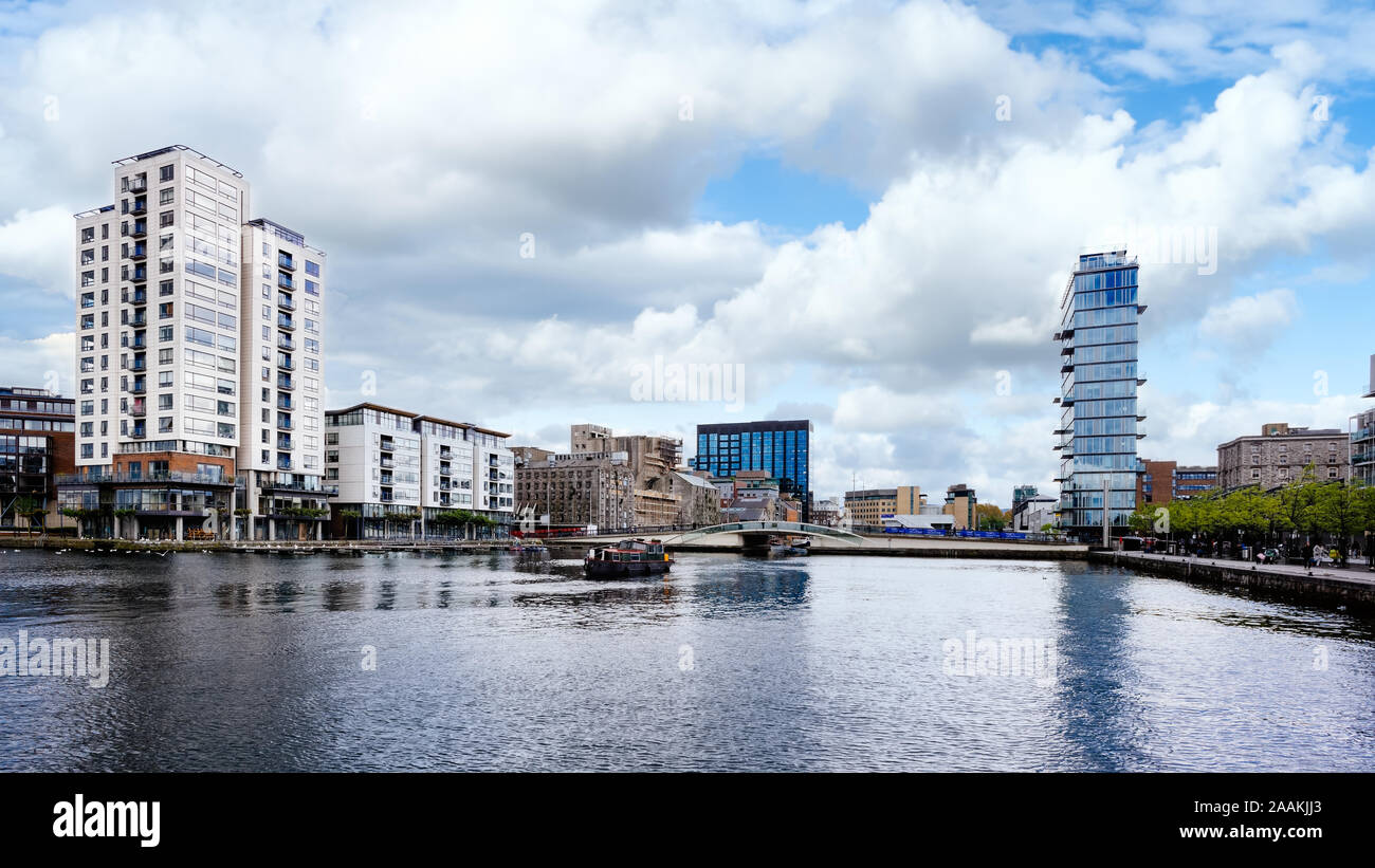 Cityscape of Dublin Docklands and river Liffey with modern buildings ...