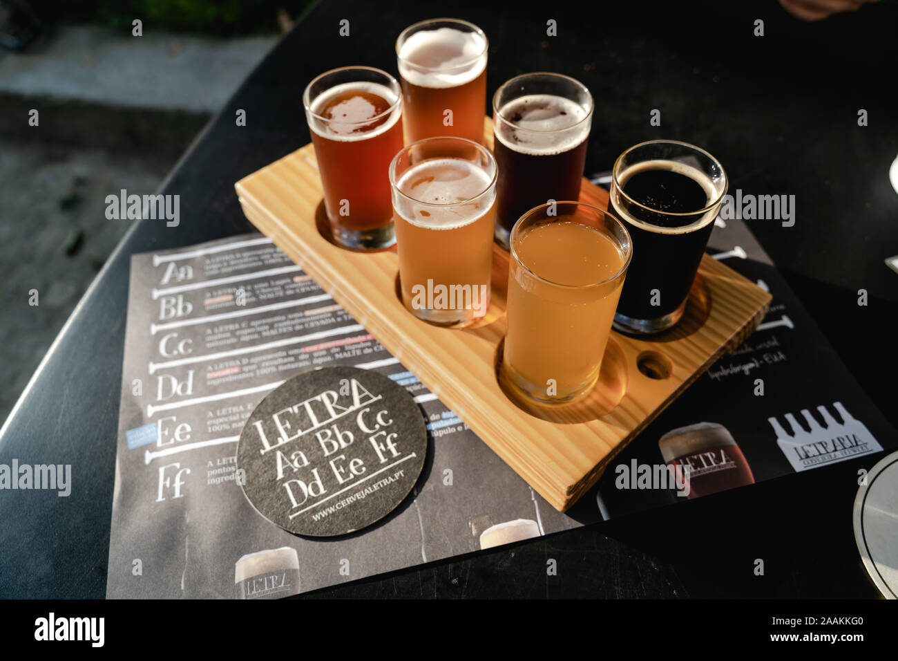 A Flight of beers selection at Letraria Craft Beer Garden in Porto ...