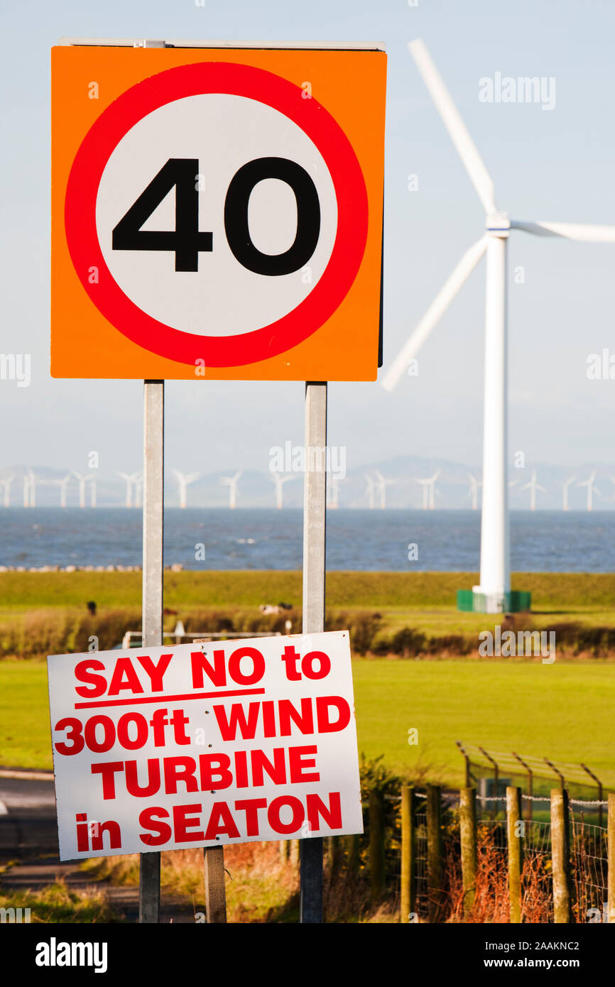 A protest sign about a new wind turbine in Seaton near Workington ...
