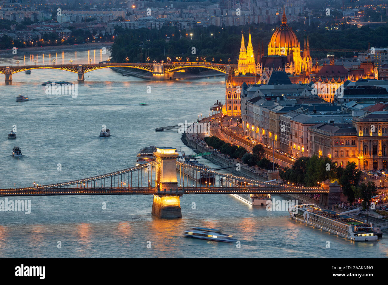 Aerial view Danube Budapest with Chain Bridge and Parliament Building ...