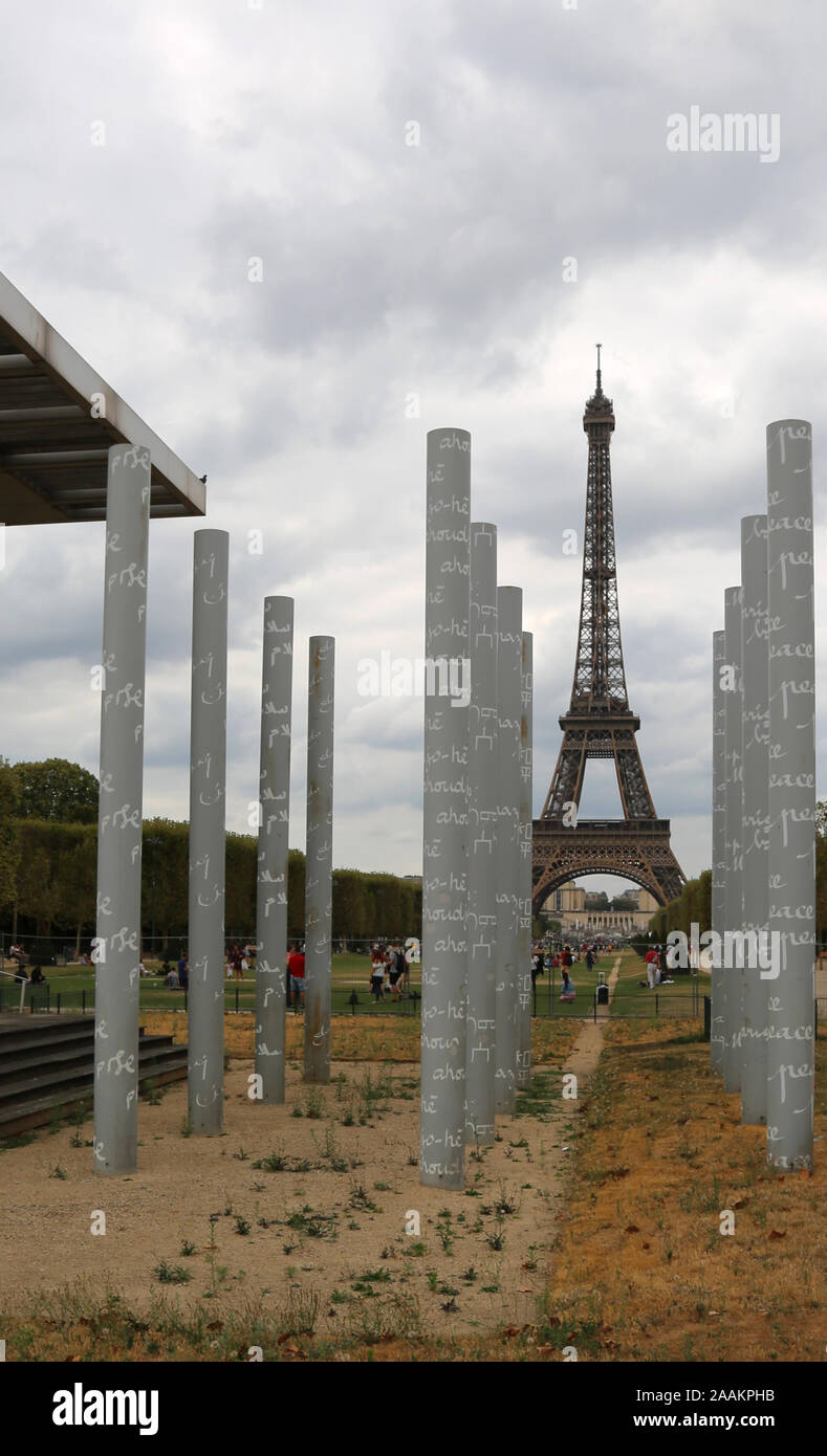 Paris, France - August 21, 18: columns of Memorial called Wall of Peace ...