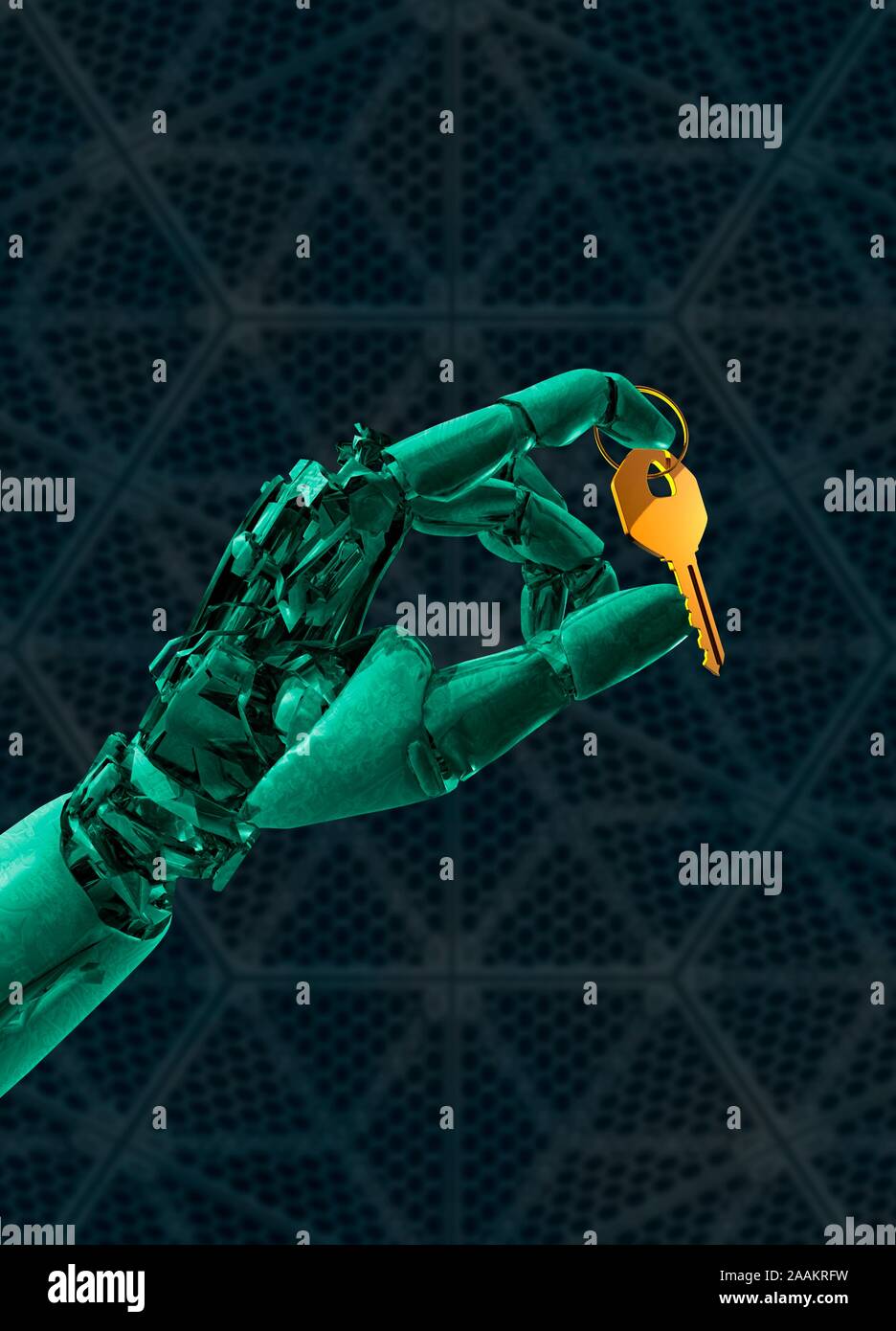 Robotic hand holding key, illustration Stock Photo - Alamy