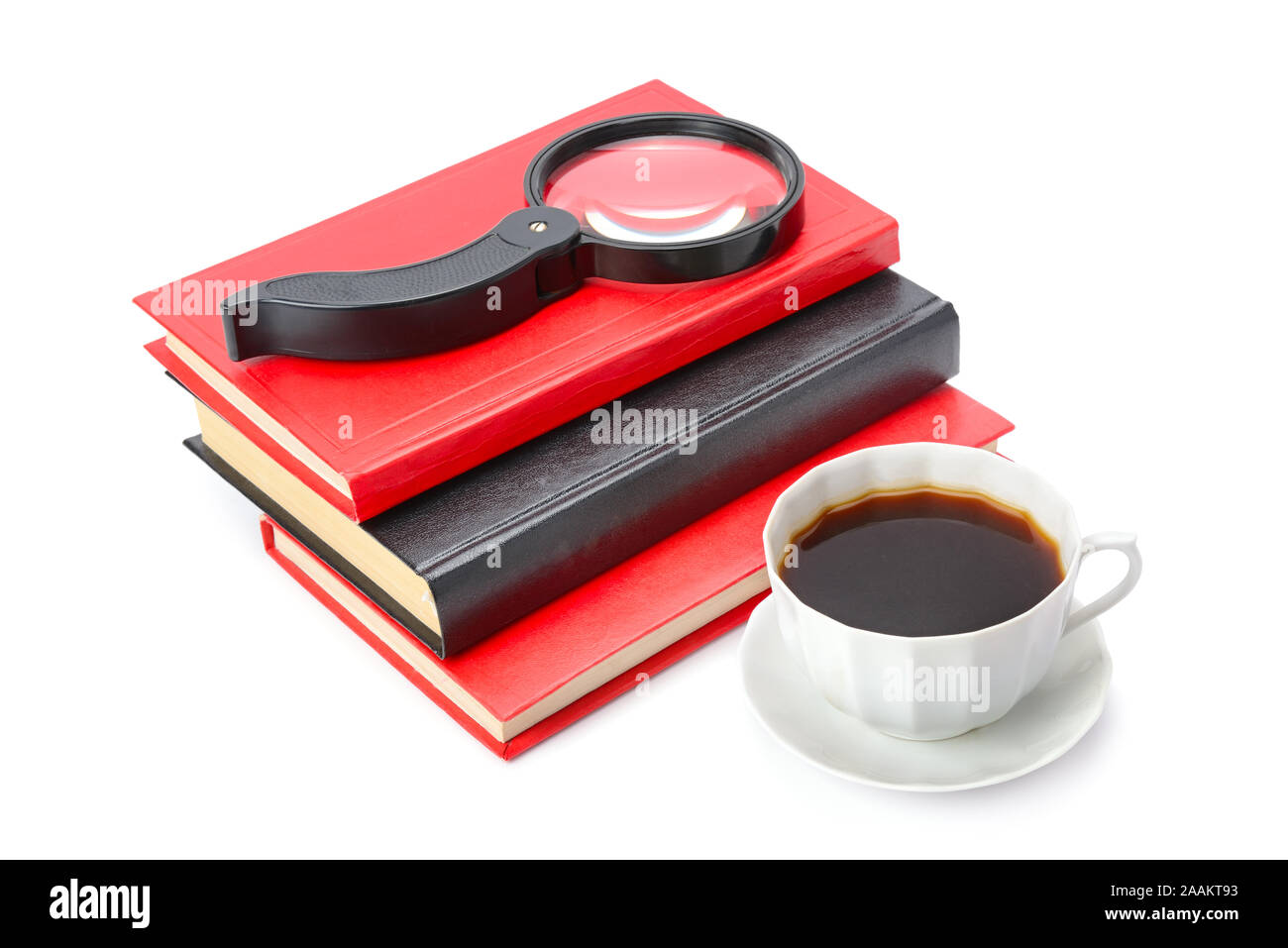 Books, a cup of coffee and magnifier isolated on white background Stock ...