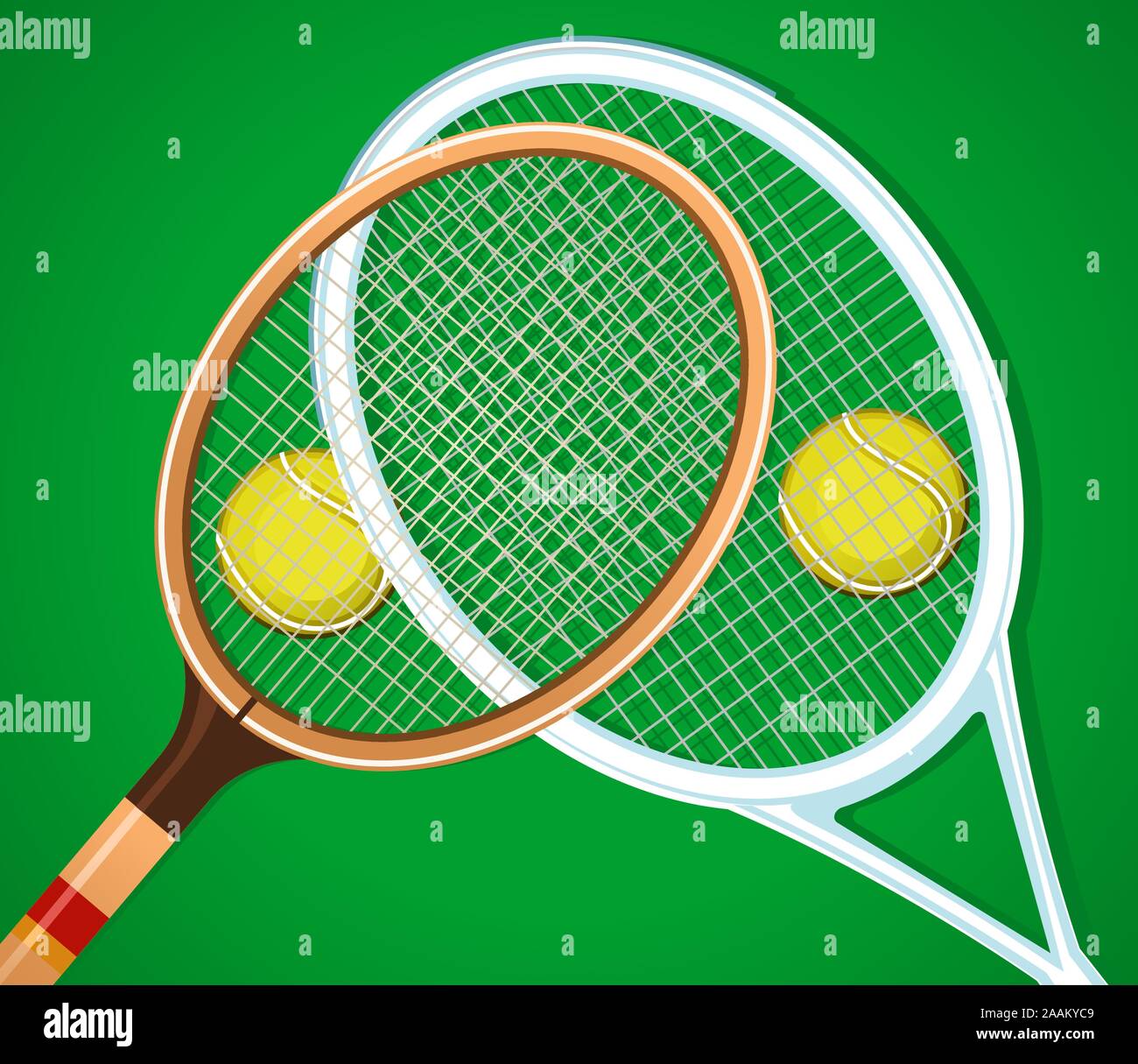 Old and modern tennis rackets on grass with two balls vector ...