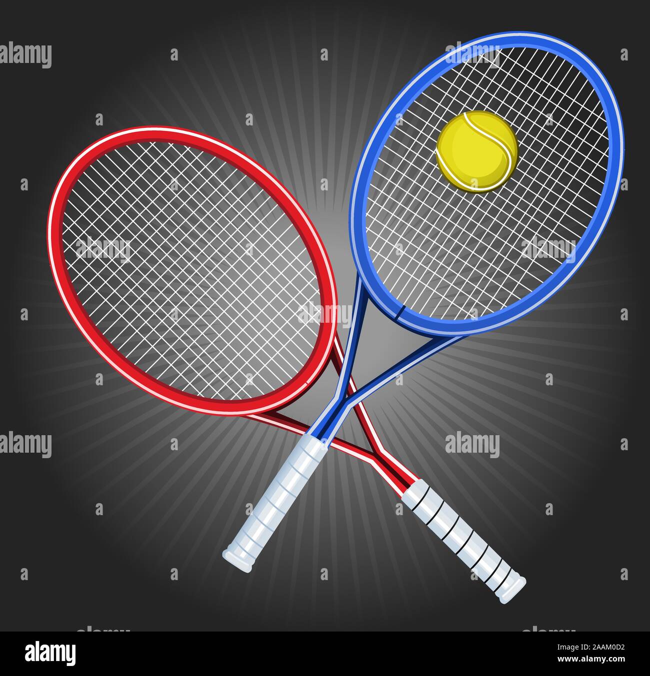 Tennis Blue and Red Opposed Rackets with yellow ball shinning vector ...