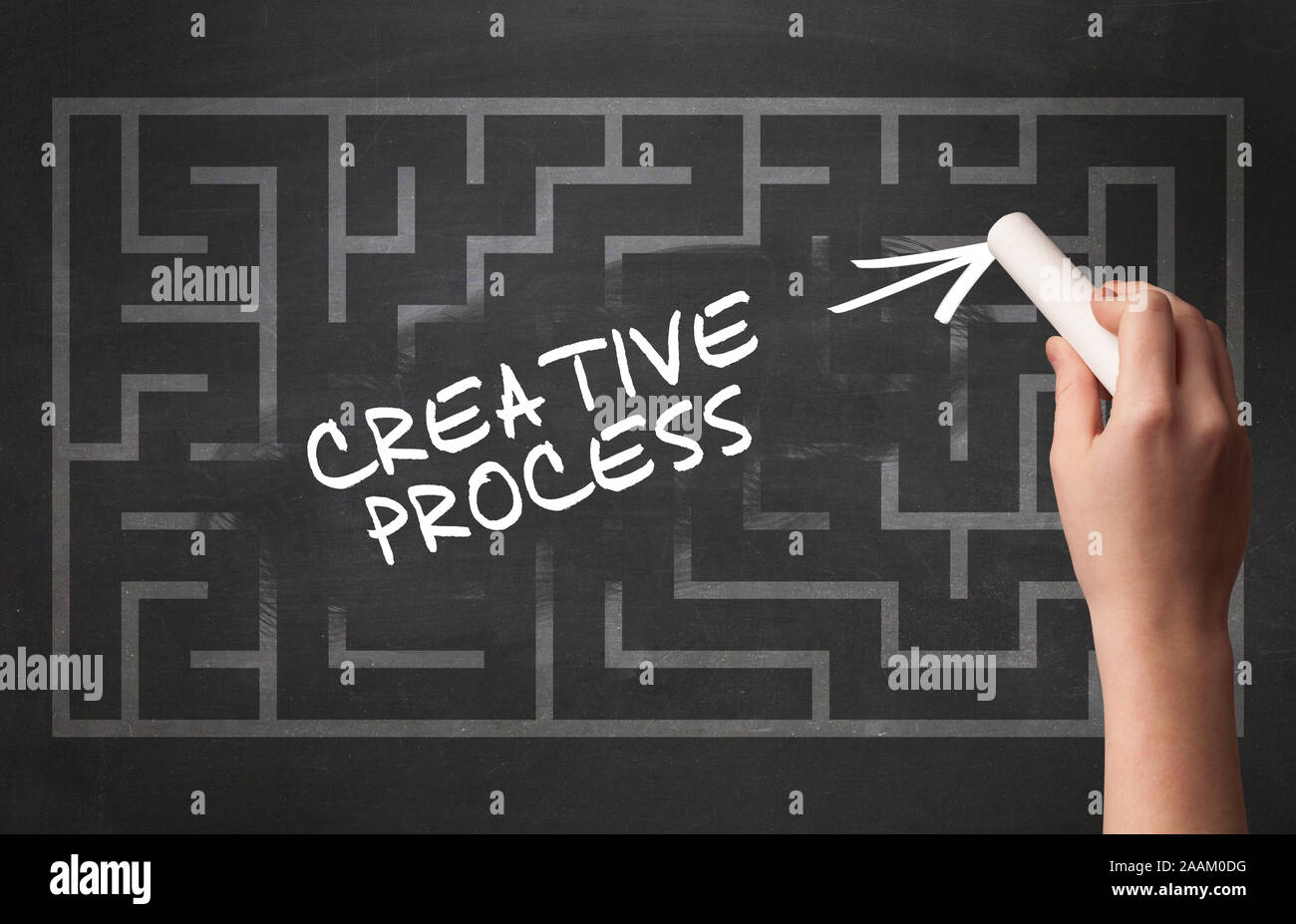 Hand drawing CREATIVE PROCESS inscription with white chalk on ...