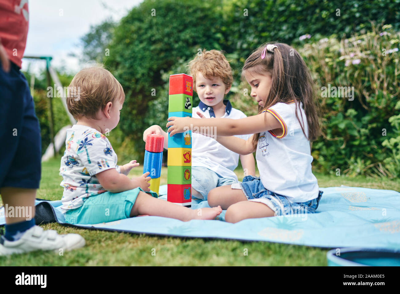Brother and sisters playing with blocks on picnic blanket Stock Photo ...