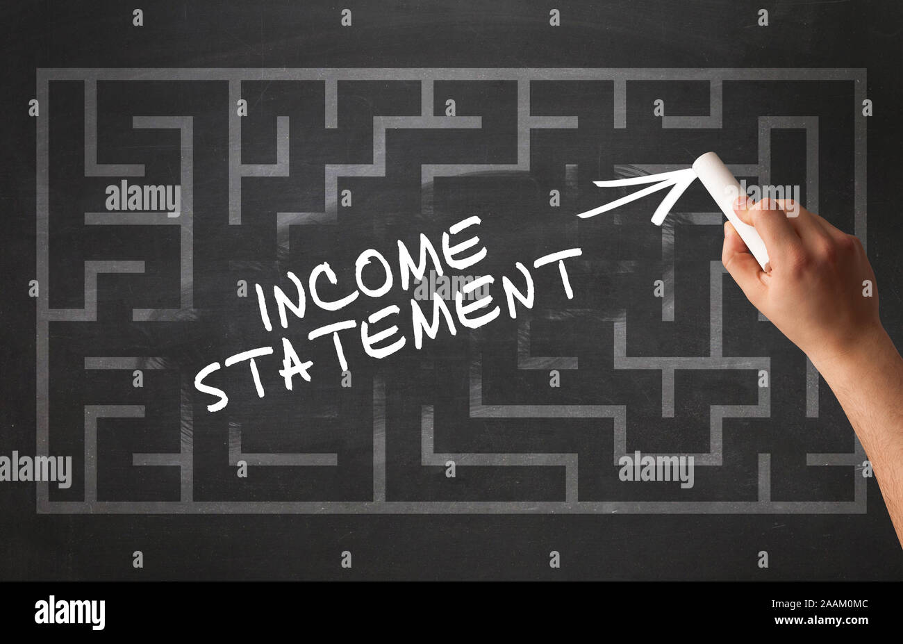 Hand drawing INCOME STATEMENT inscription with white chalk on ...