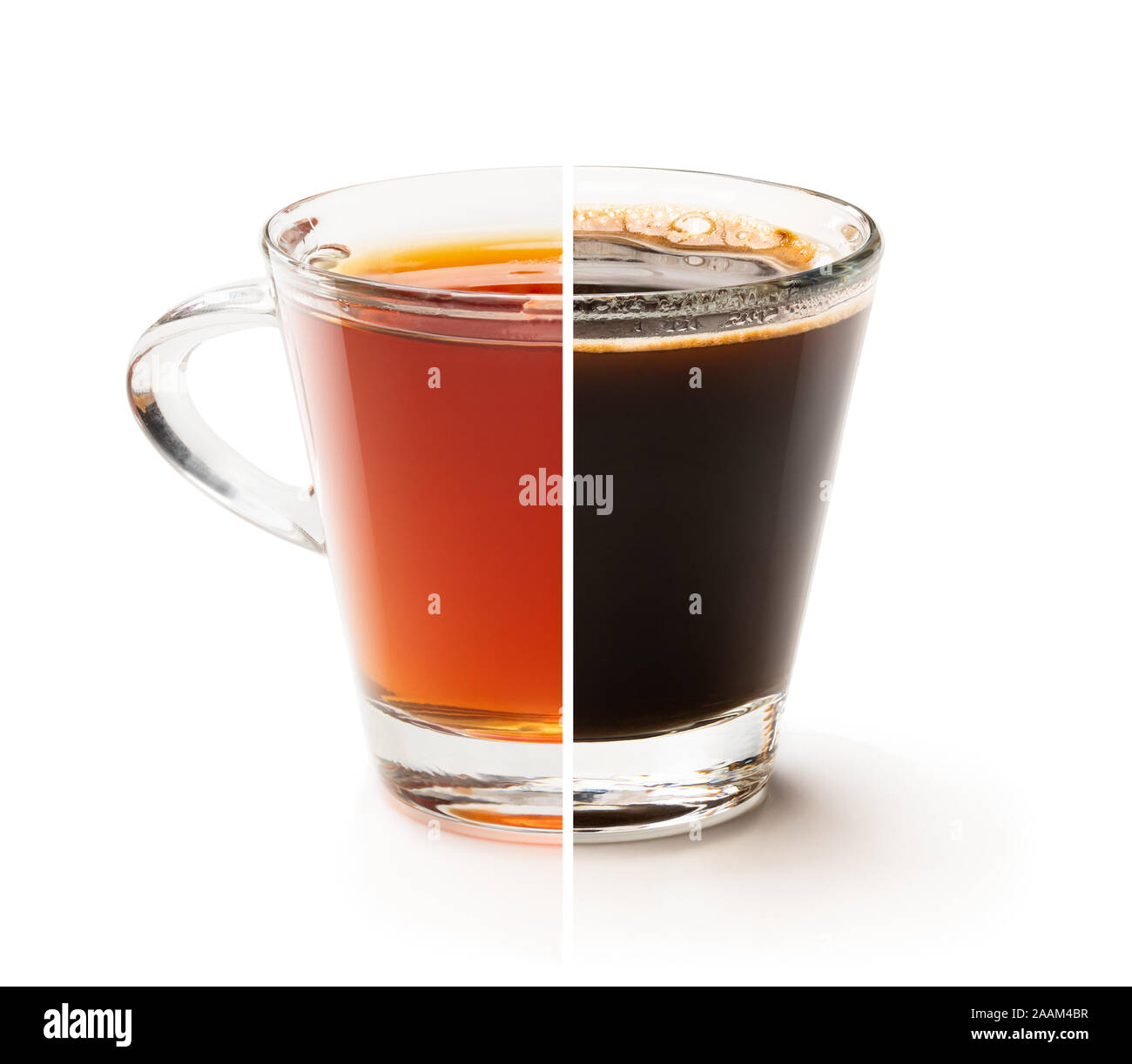 Cup split in half. Tough choice tea vs coffee concept Stock Photo - Alamy