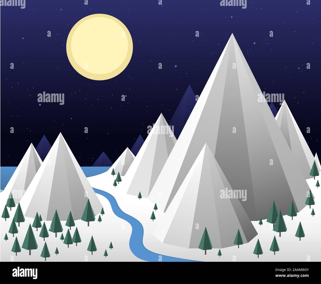 Winter Night Scene with full moon and mountains and river. Vector ...