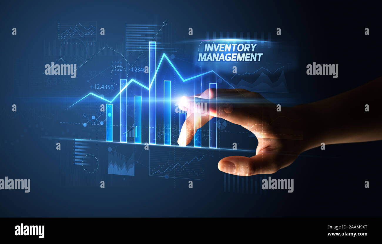 Hand touching INVENTORY MANAGEMENT button, business concept Stock Photo ...