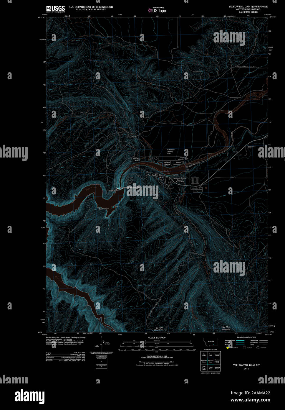 USGS TOPO Map Montana MT Yellowtail Dam 20110518 TM geo Inverted ...