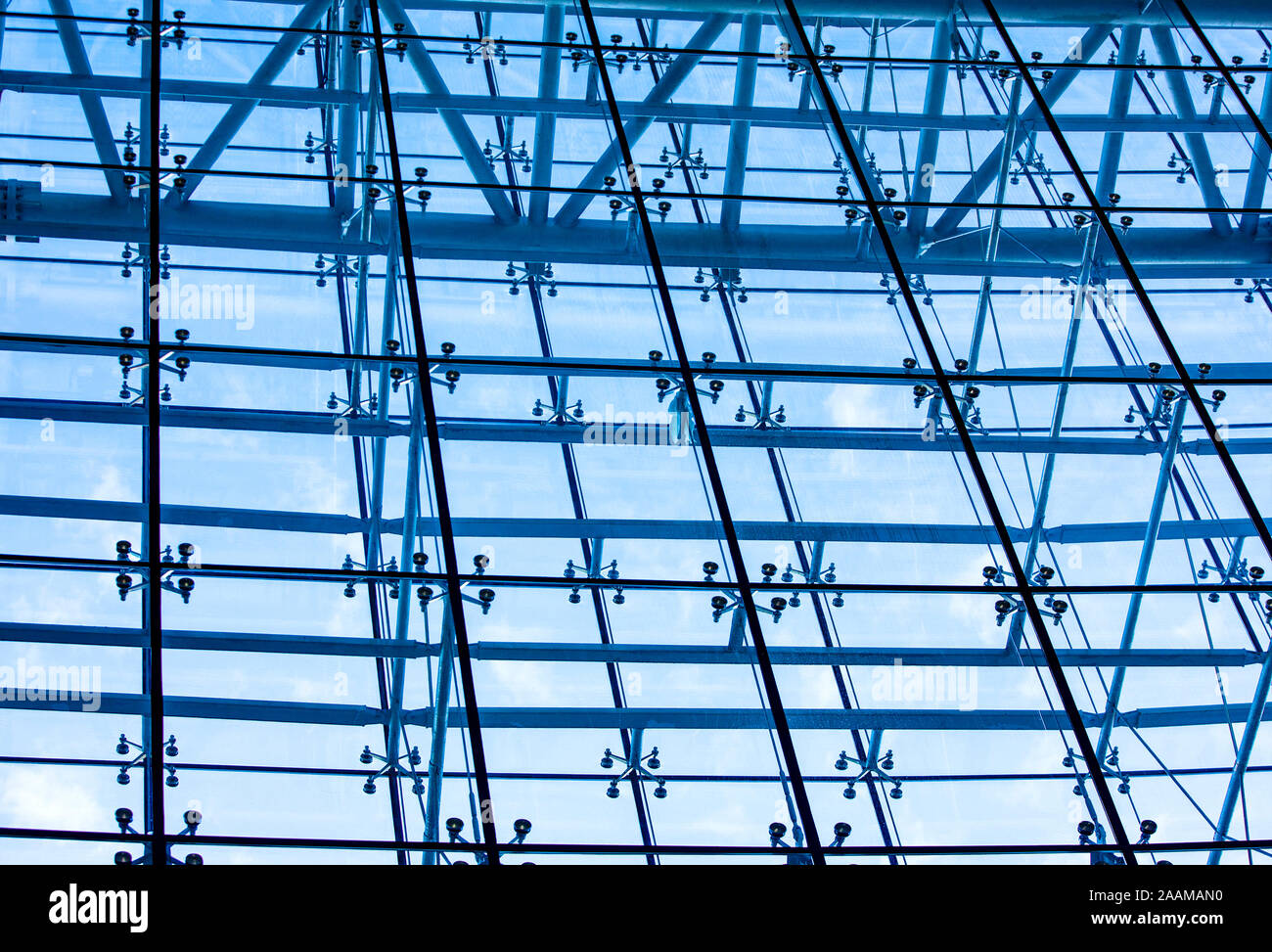 The underside panoramic and perspective view to steel blue glass Stock ...