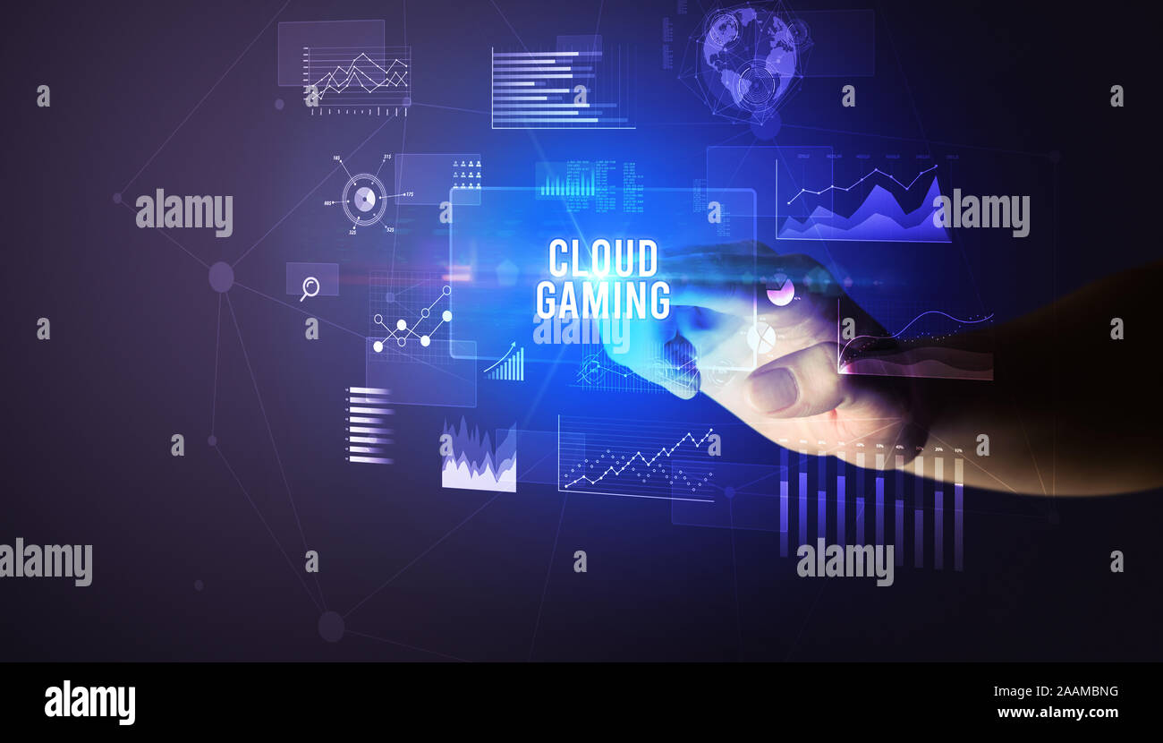Hand touching CLOUD GAMING inscription, new business technology concept ... Hand touching CLOUD GAMING inscription, new business technology concept ...