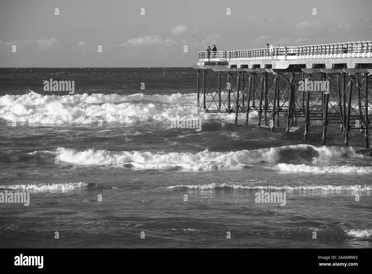 Black and White picture of People Fishing on a Pier at Saltburn in ...