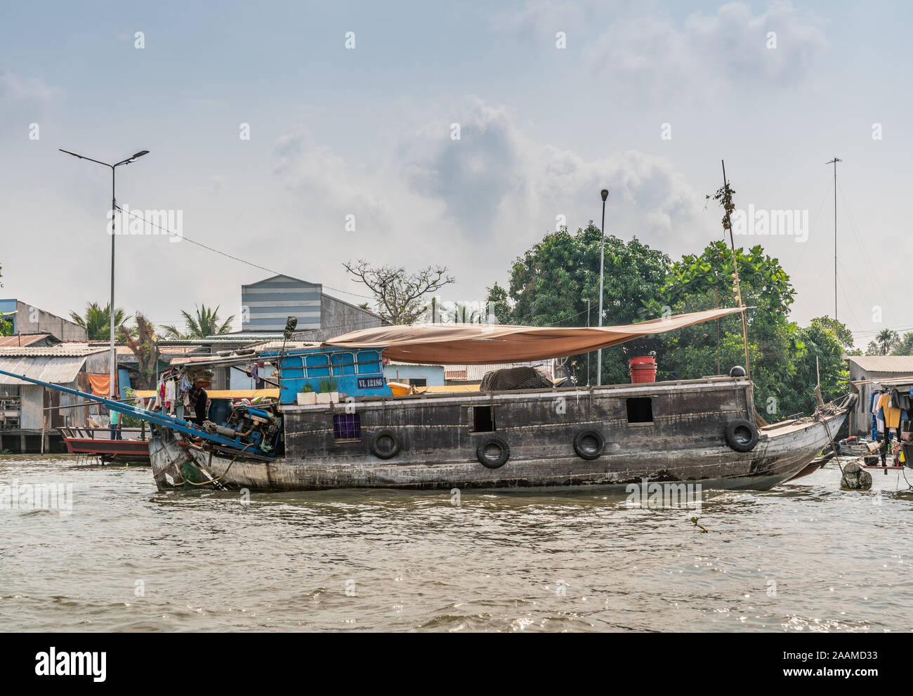 Cai Be, Mekong Delta, Vietnam - March 13, 2019: Closeup of old gray ...