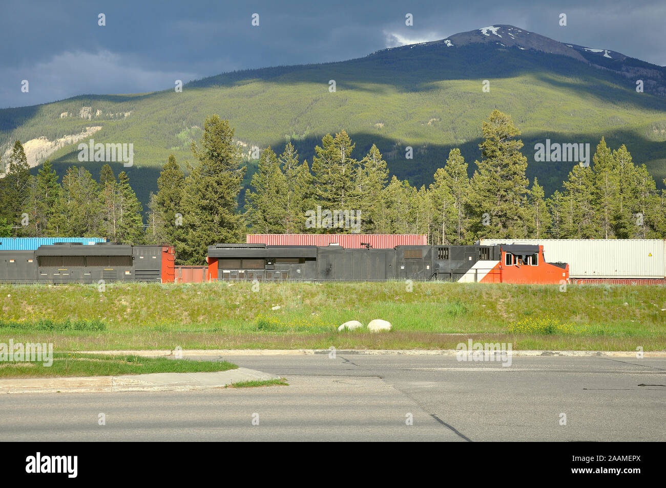 Freight comtainer train in Jasper. Alberta. Canada Stock Photo - Alamy