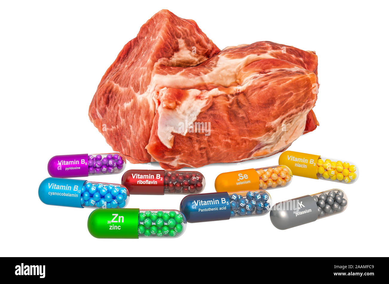 Vitamins and minerals of pork meat, 3D rendering isolated on white ...