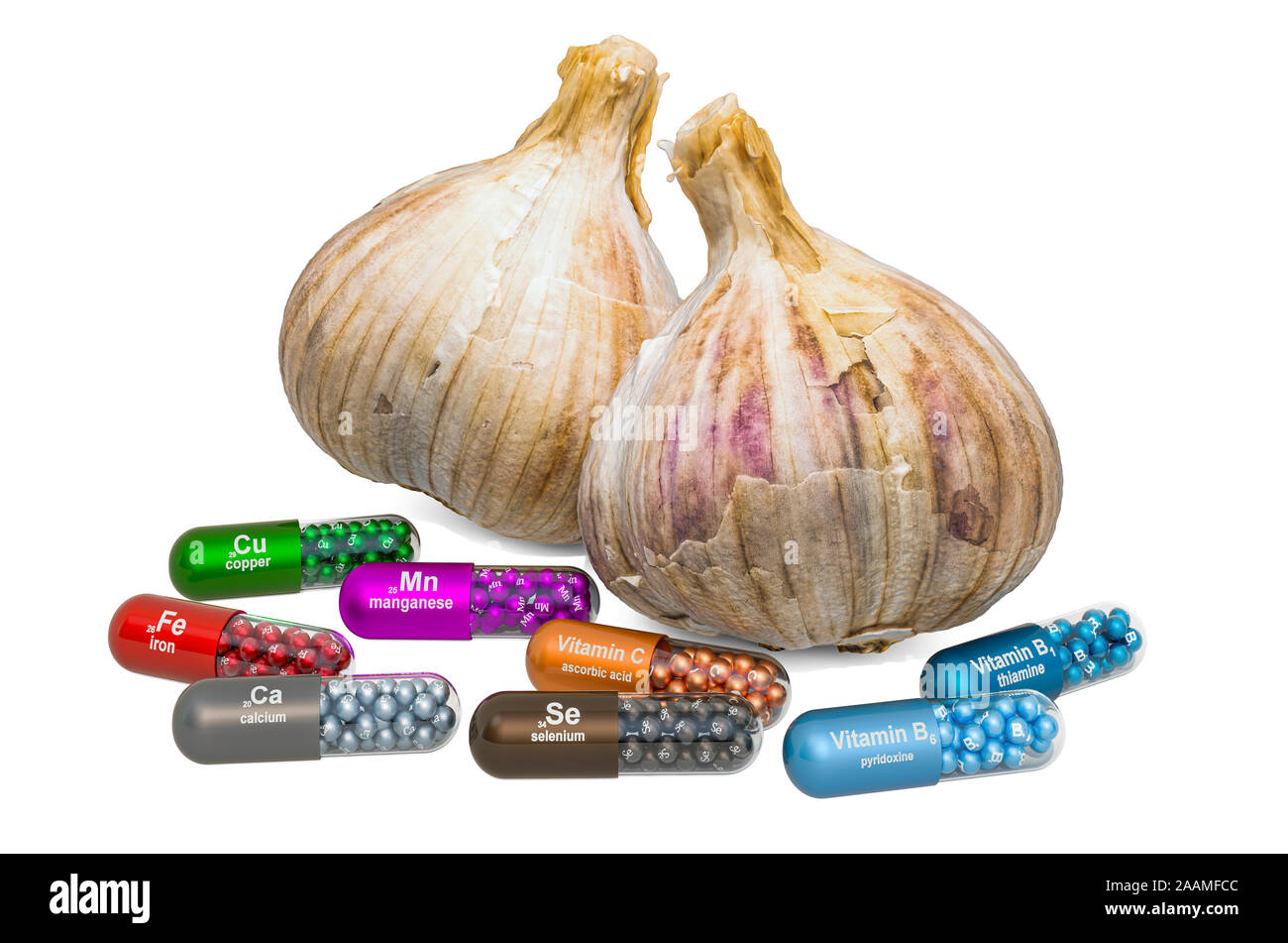 Vitamins and minerals of garlic, 3D rendering isolated on white ...