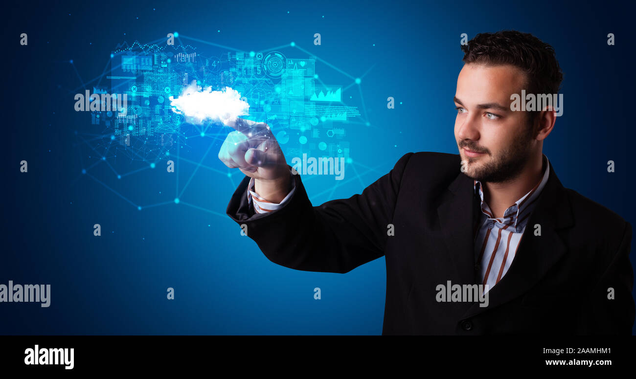 Man touching hologram projection displaying information from cloud ...